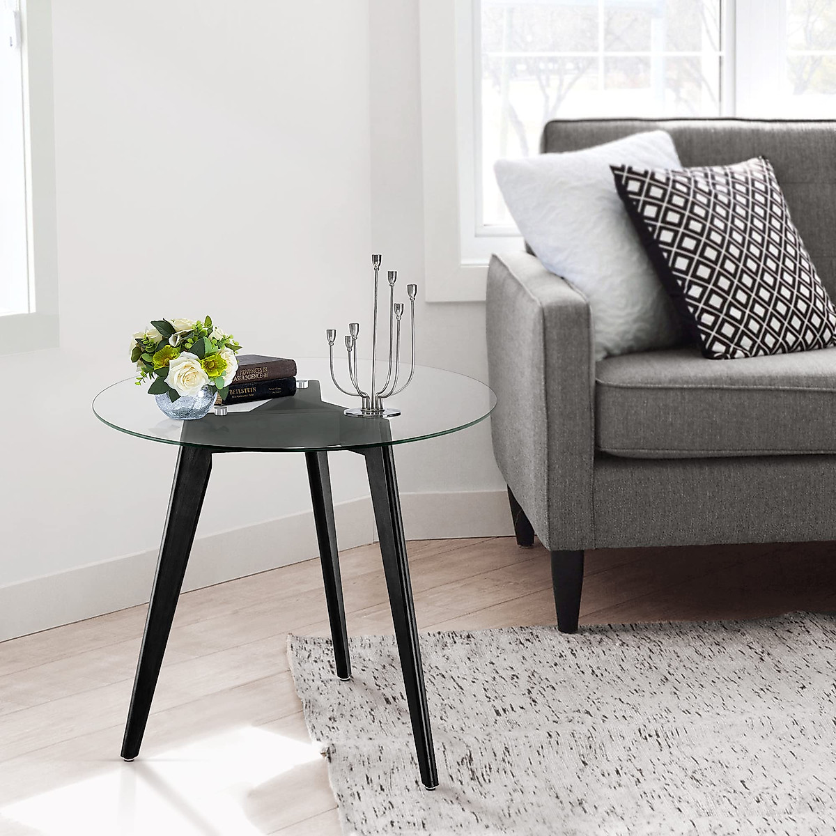 ivinta Round Glass Dining Table for 2-4 People, Modern Leisure Table with Wood Legs for Kitchen Dining Room Living Room, Space Saving, 31.5 inch RD80 (Black)