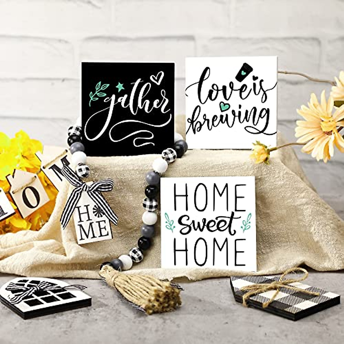 Spakon 14 Pieces Farmhouse Tiered Tray Decor Black White Buffalo Plaid Christmas Decor Wood Bead Garland with Tassel for Rustic Home Sweet Home Farmhouse Xmas Gift(Home Style)