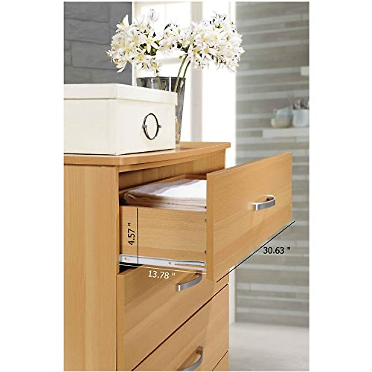 HODEDAH IMPORT 5 Drawer Chest, with Metal Gliding Rails, Beech, 47.8x31.5 inches