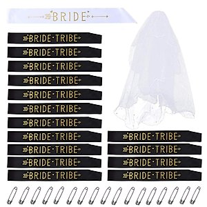 Bride Tribe Bachelorette Party Sash Set: 1 Bride To Be Sash, 15 Bride Tribe(Maid Of Honor Sash), 1 Cascading Veil, 17 Pcs Wedding Decorations Kit For Bridal Shower, Engagement Party Favors & Supplies