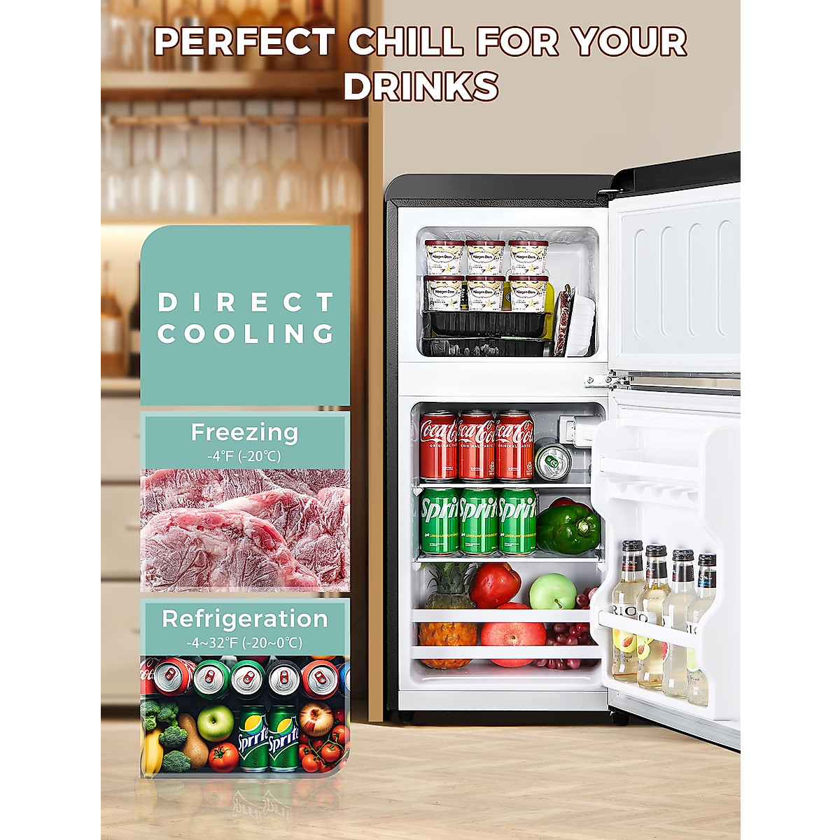 Anypro 3.2 Cu.Ft Compact Refrigerator Mini Fridge with Freezer, Retro Double Door Small Fridge with Freezer, 7 Level Thermostat & Removable Shelves, Small Refrigerator for Dorm, Office, Bedroom, Black