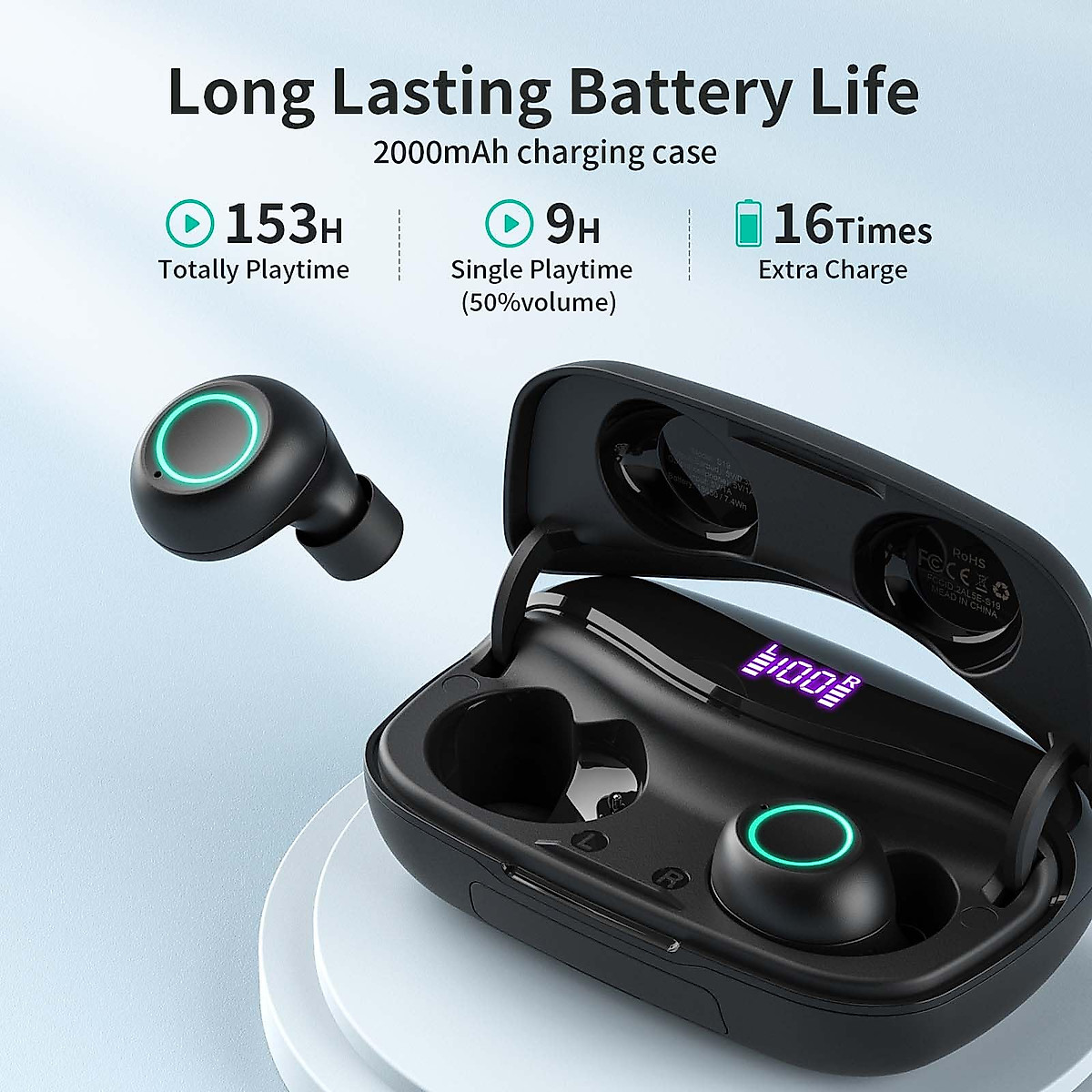 PSIER Wireless Earbuds Bluetooth Headphones 153H Playtime Ear Buds Digital LED Display Cell Phones Charging Function with 2000mAh Charging Case