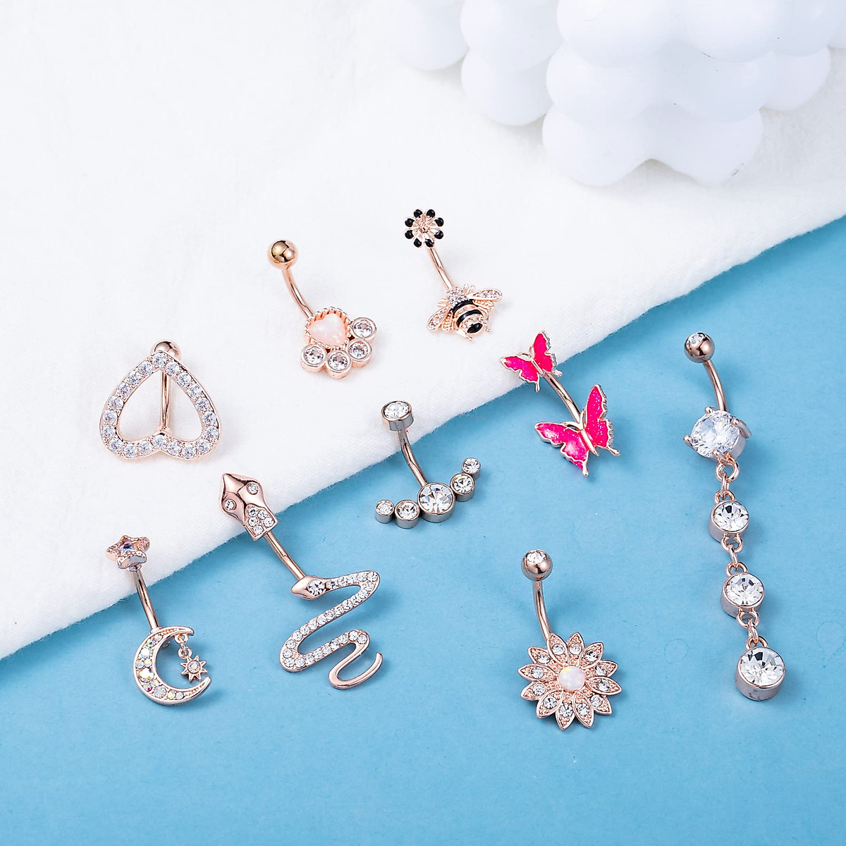 NICEIGHT 9PCS Stainless Steel Belly Button Rings Dangle Belly Rings for Women Heart Moon Snake Flower Navel Rings Body Jewelry Piercing Rose Gold