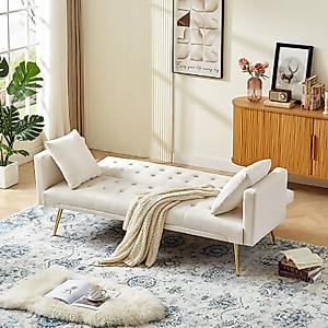 AnwickNomo Modern Velvet Futon Sofa Bed with 4 Golden Metal Legs and 2 Pillows, Convertible 3 Adjustable Loveseat Couch for Living Room Home Office Bedroom (Beige)