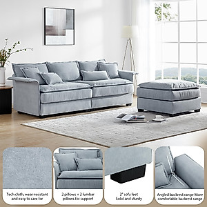 DEINPPA Sectional Sofa with Bentwood Armrests, Modern Deep Seat Sofa Couch with Ottoman, Tech Cloth Upholstered Sleeper Sofa, Comfy Furniture for Living Room, Apartment, Studio, Office-Blue