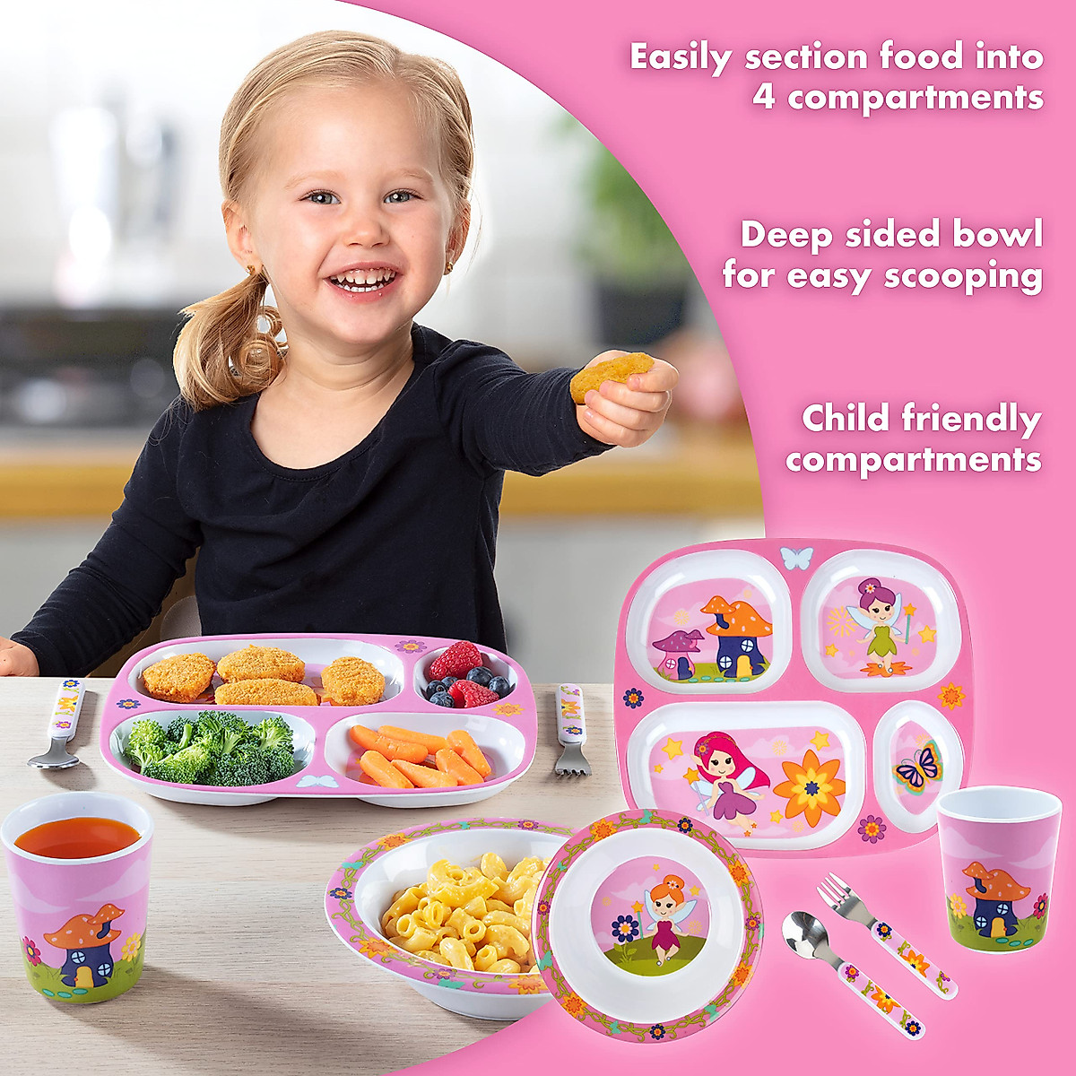 5 Pc Mealtime Set for Kids & Toddlers, Fairy Theme-Includes Divided Plate Cup Bowl Fork Spoon-Dishwasher Safe, BPA Free-Cute Compartment Dish to Put Food in 4 Sections for Easy Self-Feeding- XMAS Gift