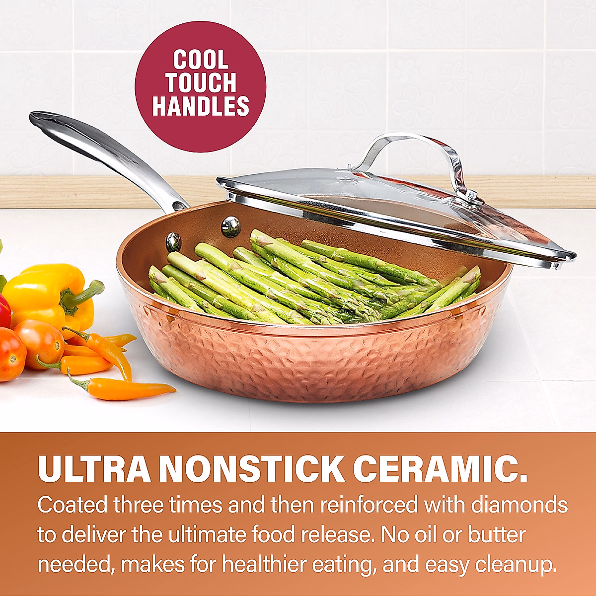 Gotham Steel 12” Nonstick Fry Pan with Lid & Hammered Copper Collection – 10” Nonstick Fry Pan with Lid, Premium Cookware