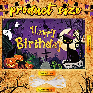 WovWeave Halloween Birthday Party Decorations 5.9 x 3.6 ft Happy Birthday Backdrop Banner Black Cat Evil Pumpkin Ghost Skull Banner for Halloween Birthday Photo Booth Background Indoor Outdoor Decor