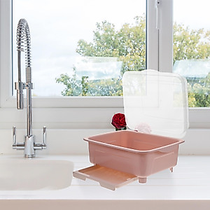 BESTonZON Plate Rack Dish Drying Rack with Lid Plate Cup Drying Rack Tray Bottle Holder Cutlery Dish Drainer Board Kitchen Utensil Holder for Kitchen Countertop Pink Dish Racks