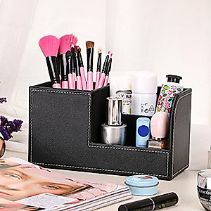 BTSKY PU Leather Desk Pen Pencil Holder- Multi-functional Desktop Organizer Storage Box Business Card Pen/Pencil Mobile Phone Remote Control Stationery Holder Home Office Table Top Organization Decor(black)