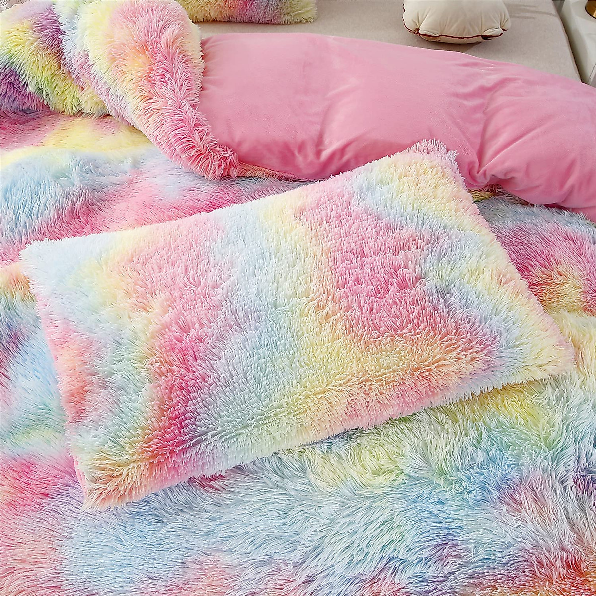 RYNGHIPY 3Pcs Rainbow Girls Bedding Sets Twin Size Ultra Soft Long Hair Plush Shaggy Duvet Cover with Pillowcases Colorful Tie Dye Bedding Set with Hidden Zipper Closure (Colorful Pink,Twin)