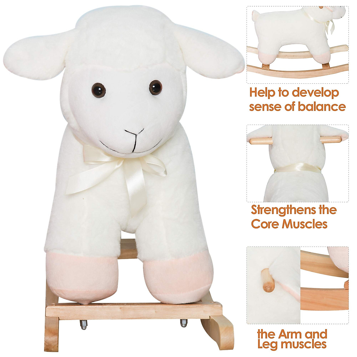 Qaba Lamb Rocking Horse Sheep, Nursery Stuffed Animal Ride On Rocker for Kids, Wooden Plush, White