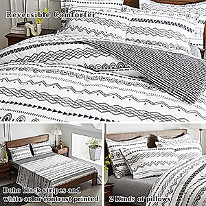 Flysheep Boho Bed in a Bag 7 Pieces Queen Size, Black and White Bohemian Geometric Reversible Bed Comforter Set for All Season(1 Comforter, 1 Flat Sheet, 1 Fitted Sheet, 2 Pillow Shams, 2 Pillowcases)