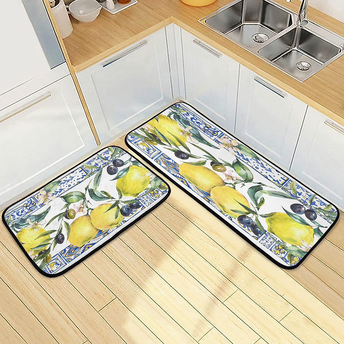 Washable Kitchen Rugs Set 2 Piece Watercolor Lemon Olive Branches Anti Fatigue Floor Mats Bathroom Carpet, 27"x19" and 47"x19"