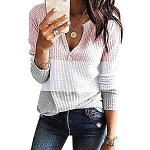 Womens V Neck Shirts Long Sleeve Waffle Knit Loose Fitting Warm Tee Tops (Large, White&Grey&Pink)