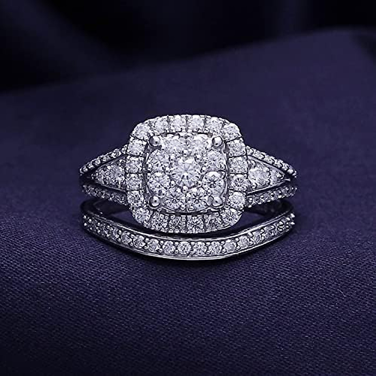 SAVEARTH DIAMONDS 1 1/4 CTTW Round Lab Created Moissanite Diamond Double Halo Bridal Set Wedding Ring in 14k White Gold Over Sterling Silver (1.25 Cttw) Size-9