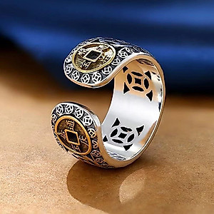 JUNTEN 925 Sterling Silver 13mm Wide Band Ring Feng Shui Wealth Rich Open Adjustable Rings for Women Menen