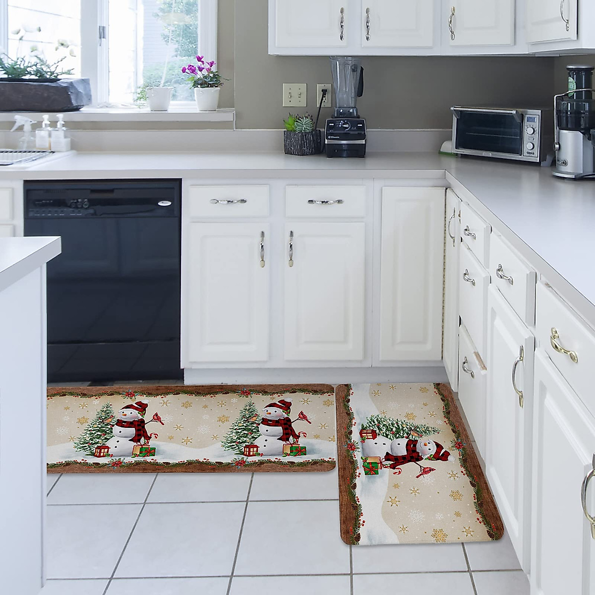 Christmas Cardinal Bird Kitchen Mats and Rugs Set of 2, Snowman Xmas Tree Snowflake Washable Absorbent Kitchen Runner Rug Rustic Brown Wood Carpet Anti-Fatigue Comfort Mat for Kitchen Bathroom Laundry