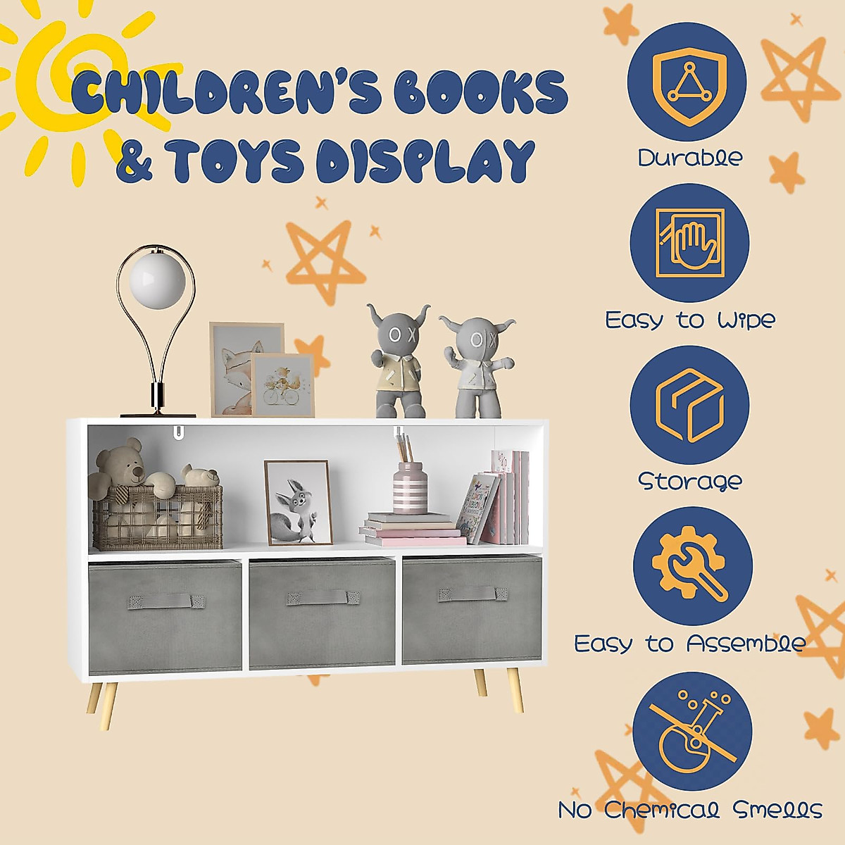 Kids Bookcase and Bookshelf Multi Shelf Cubby with 3 Collapsible Fabric Drawers Kid's Book and Toy Display Rack Toy Storage Cabinet Organizer for Playroom Nursery Children's Room School, White+Grey