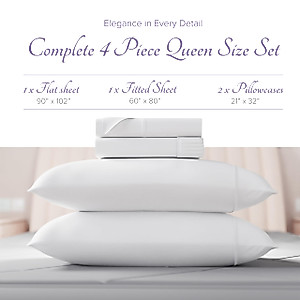 Carressa Linen Luxury Egyptian Cotton 4 PC Queen Size Sheet Set - 600 Thread Count Deep Pocket Fitted and Flat Sheets, Soft, Cooling Extra Long Staple Hotel-Quality Bedding with Sateen Weave - White
