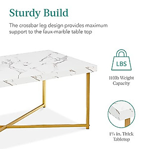 Best Choice Products 44in Rectangular Marble Coffee Table, X-Base Accent Table for Living Room, Dining Room, Home Décor w/Faux Marble Top - White/Bronze Gold