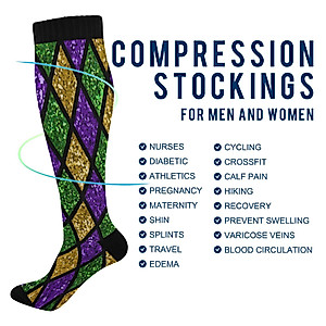 Wusikd Mardi Gras Shiny Compression Socks for Women and Men Circulation Green Purple Plaid Long Socks for Athletic Running 1