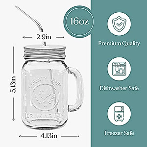 brimley 16oz Glass Mason Jar with Lid and Straw Set of 4 - Mason Jars with Handle for Cold Drinks - Glass Mason Jars with Metal Mason Jar Lids with Straw Hole and Stainless Steel Straws