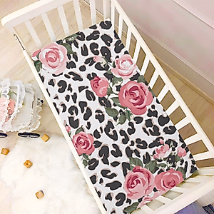 ALAZA Pink Rose Floawer Leopard Cheetah Print Crib Sheets Fitted Bassinet Sheet for Boys Baby Girls Toddler, Mini Size 39 x 27 inch