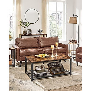 VASAGLE Coffee Table for Living Room, 2-Tier Cocktail Table, Center Table with Mesh Shelf, Steel Frame, Adjustable Feet, Industrial Style, Rustic Brown and Black ULCT61X