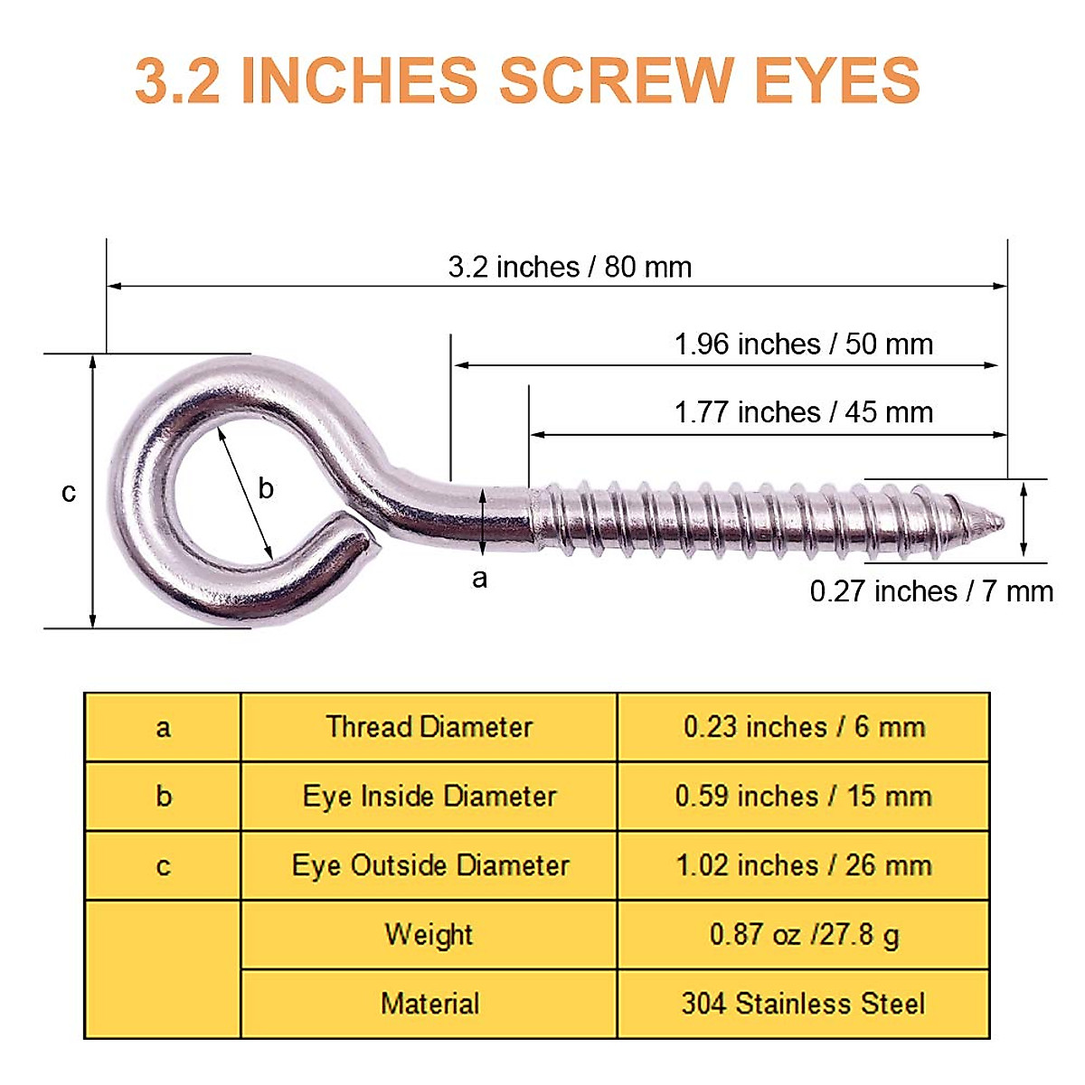 24 Pack, 3-1/5 Inch 304 Stainless Steel Eye Shape Screws Metal Hook, Heavy Duty Hanging Hooks Eyelet Screws Bolt for Yoga & Brazilian Hammocks, Swing Chair, M6 Screw (Style B)