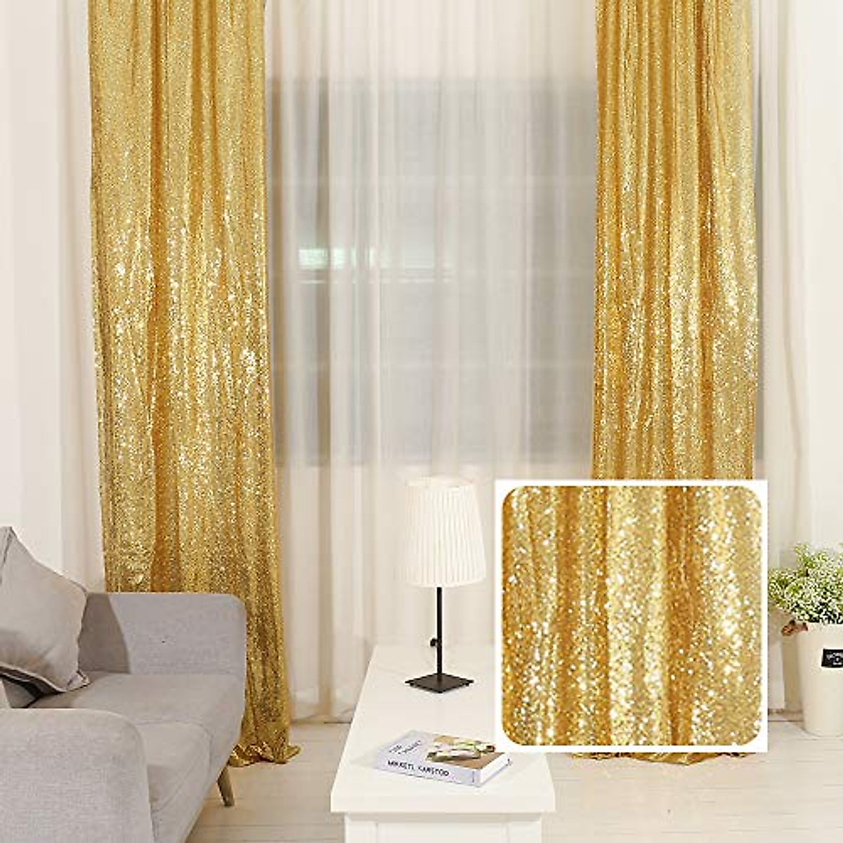 TRLYC Photography Backdrop Sequin Curtain for Wedding 2 Pieces 2 by 8 FT-Gold