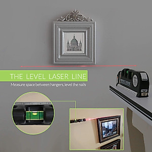 Qooltek Multipurpose Laser Level 8 feet Measure Tape Ruler Adjusted Standard and Metric Rulers for hanging pictures with Metal Tripod Stand