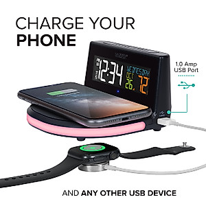 La Crosse Technology 617-84947-INT Wireless 5W Charging Alarm Clock with Glowing Base and Outdoor Sensor