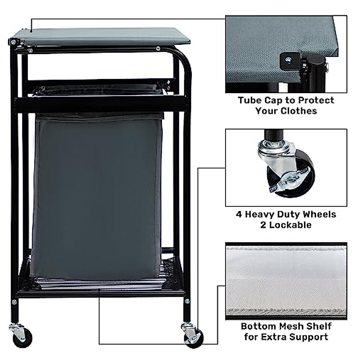 ALIMORDEN 3 laundry basket sorter with foldable ironing board,Removable Bag 3 laundry basket sorter with wheels Dark Grey