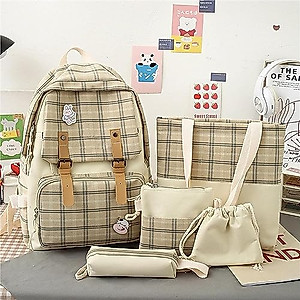 5Pcs Kawaii Backpack Casual Bags Cute Aesthetic Backpacks with Tote Handbag Pencil Pen Case Pouch,with Cute Bear Pendant Pins (Khaki)