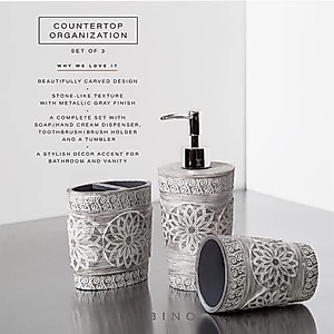 BINO Bathroom Accessories Set - Grey | Soap Dispenser | Toothbrush Holder | Tumbler | 3-Piece Bathroom Organizer Countertop Set | Bathroom Decor | Home Decor | Bathroom Set