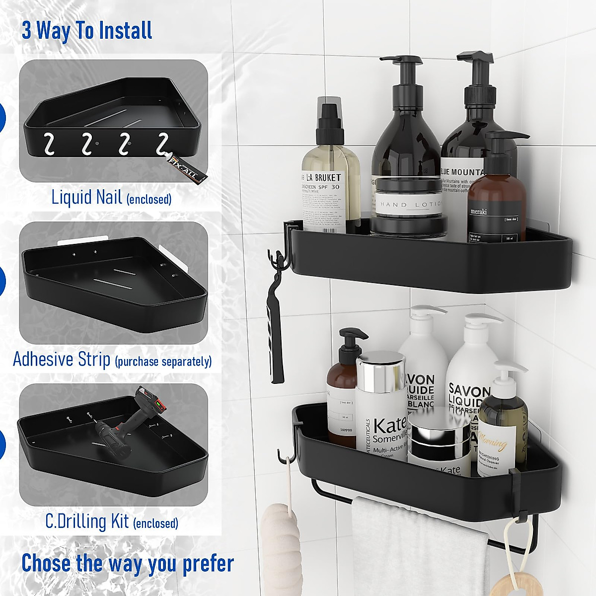 Big Lighting Deals Corner Shower Shelf 2-Pack, Larger Adhesive Shower Corner Caddy for Inside Shower with Hooks and Towel Bar, Corner Shower Organizer for Bathroom, Black
