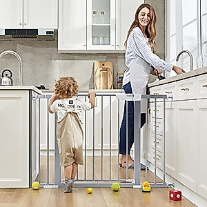 Mom's Choice Awards Winner-Cumbor 29.7-46" Auto Close Baby Gate for Stairs, Easy Install Pressure/Hardware Mounted Dog Gates for The House Indoor, Easy Walk Thru Wide Safety Pet Gates for Dogs, Gray