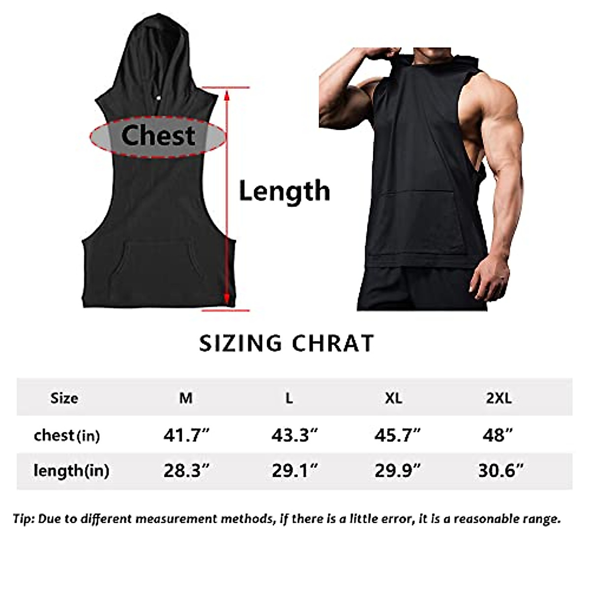 Men's Hooded Tank Tops Gym Workout Training Hoodies Sleeveless Bodybuildng Muscle Cut Off T-Shirt with Pocket Black L
