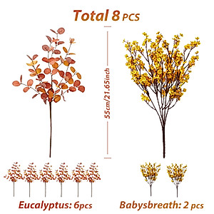 Anna's Whimsy 8 Pcs Artificial Eucalyptus Stems and Fake Babys Breath Flower Fall Decorations Fall Leaves for Fall Home Decor