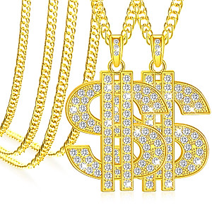 Tatuo 2 Pieces Plated Chain for Men with Dollar Sign Pendant Necklace, Hip Hop Dollar Necklace (Gold,Trendy Style)