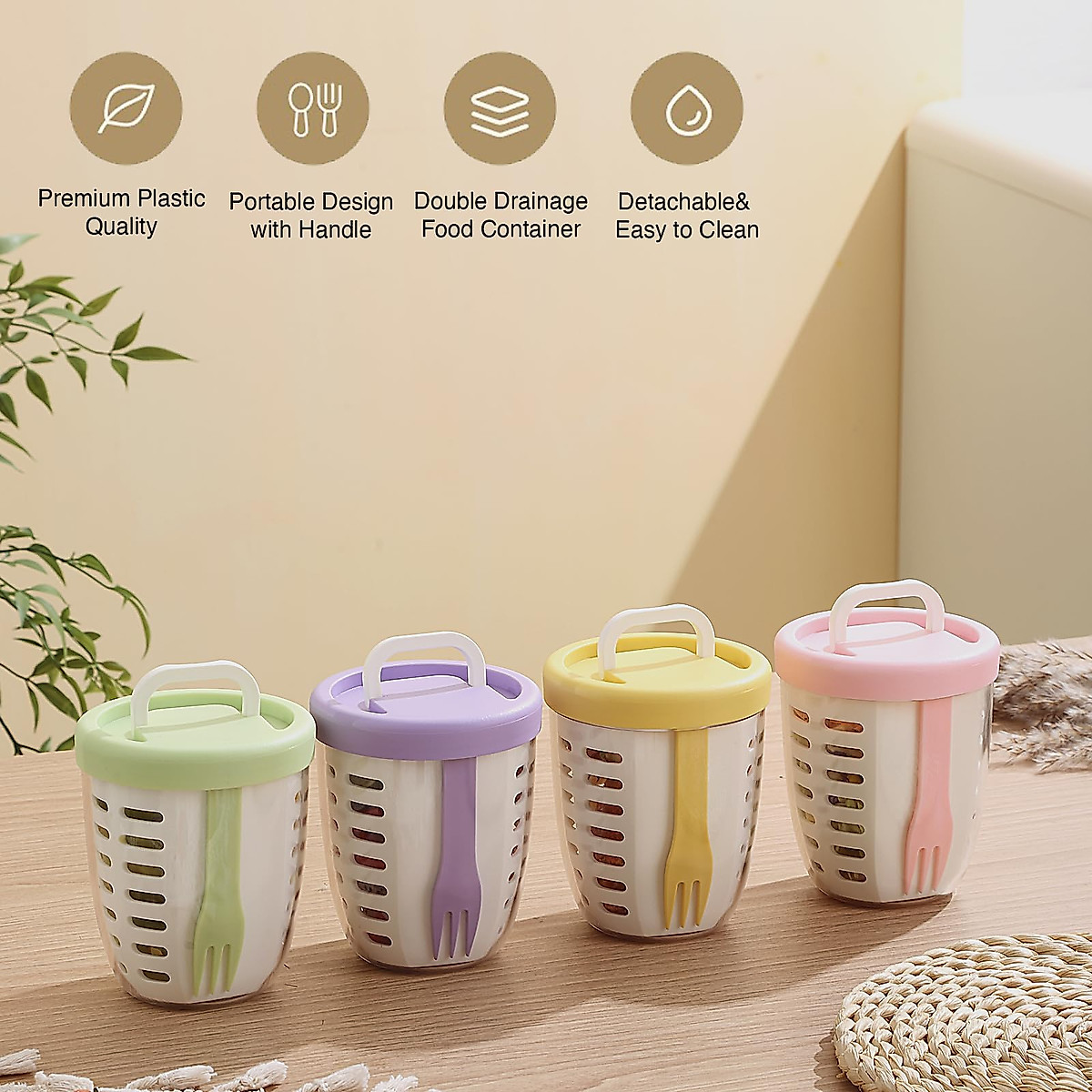 Audest Fruit Salad Storage Cup With Lids and Fork, 20 Oz Plastic Airtight Fruit Storage Containers for fridge with BPA-Free, Leak-Proof, Reusable for Office,Party,Travel