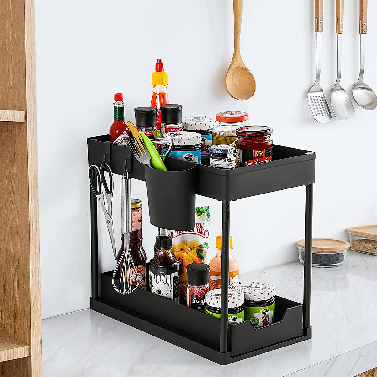 Under Sink Organizer,2 Tier Under Cabinet Organizer Sliding Under Bathroom Sink Organizers and Storage Multi-purpose Tidy Help Under Sink Storage Shelf Kitchen