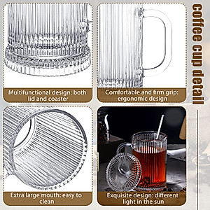 Hoolerry 14 oz Clear Glass Mug with Lid and Spoon Classical Vertical Stripe Tea Mug Ribbed Iced Coffee Cup Glass Coffee Mug Clear Coffee Mug for Milk Latte Water Chocolate Juice for Birthday Christmas