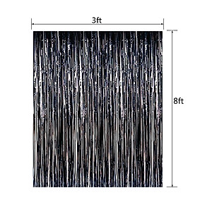 FECEDY 2pcs 3ft x 8.3ft Black Metallic Tinsel Foil Fringe Curtains Photo Booth Props for Birthday Wedding Engagement Bridal Shower Baby Shower Bachelorette Holiday Celebration Party Decorations