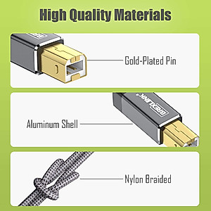 BrexLink USB 2.0 Printer Cable10ft, A-Male to B-Male Printer Cord, Durable Nylon Braided High Speed Scanner Fax Cord Compatible with HP, Canon, Dell, Epson, Lexmark, Xerox, Samsung (Grey)