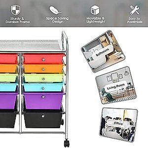 12-Drawer Rolling Storage Craft Cart and Organizer - Rolling Organizer Cart Tools and 4 Universal Casters (Transparent Multicolor)