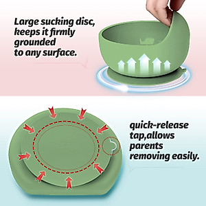 Plates And Bowls Sets For Baby/Kids, 4 PACK Baby Feeding Supplies with Suction Bowl＆Divided Plate＆Adjustable Bib＆Soft Spoon-BPA Free-Easily Clean Infant Training Eating Utensil (Green)