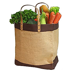 Preferred Nation Kona Jute Tote (Set of 2), Burlap with Leather Handles, Extra Wide for Grocery, Shopping, Beach, Outting Tote, Eco Friendly Brown