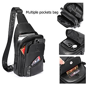 BULLCAPTAIN Mens Leather Sling Bag Backpack Casual Outdoor Shoulder Crossbody Chest Bag with USB Charging Port (Black)